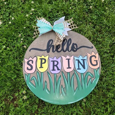 Hello Spring Tulips Sign, Round Door Hanger Svg, Spring Welcome Sign ...