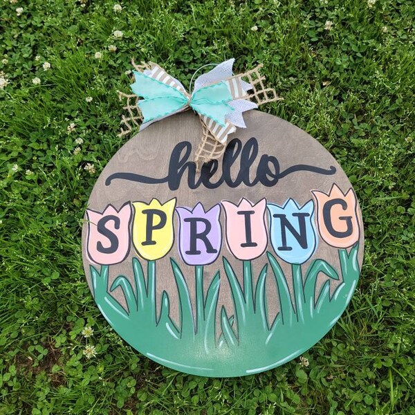 Hello Spring Tulips Sign, Round Door Hanger Svg, Spring Welcome Sign ...