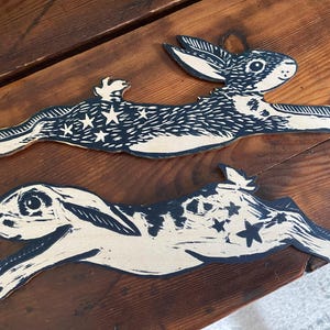 Handmade Linocut Print on Wood Rabbit Hare Decoration With Copper Stars ...