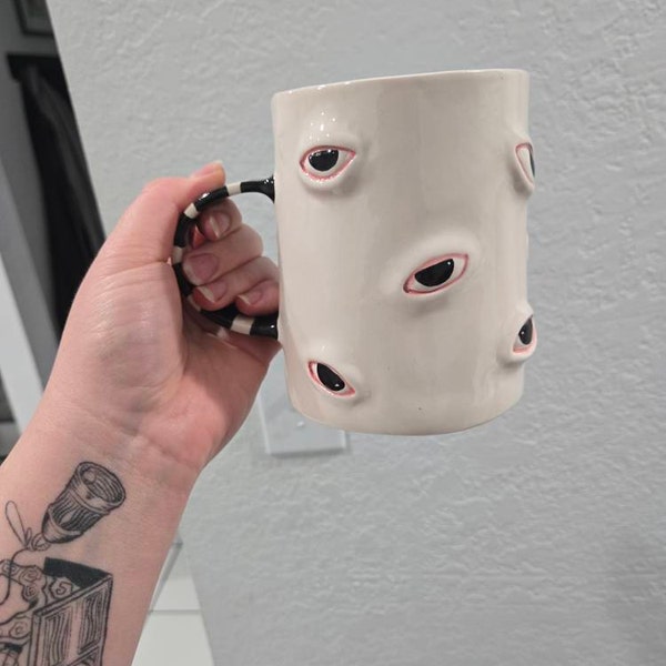Hand Painted Plain Eyes Striped Handle Clay Coffee Mug, Funky Mug ...