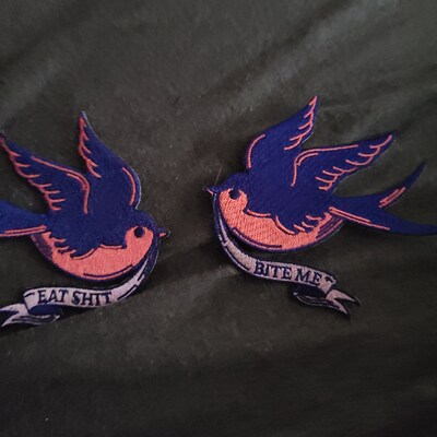 Bite Me Bird Iron on Patch // Round Patch // Swallow Patches// - Etsy