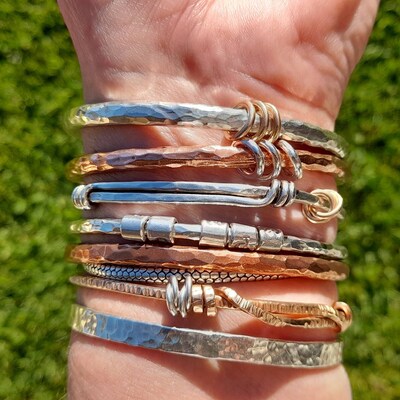 Heavy Copper Bangle With Silver Detail Hammered Copper Stacking Bangle ...