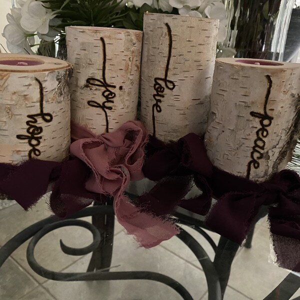 Christmas Advent Wreath, Set of Four Birch Candles With Words Peace ...