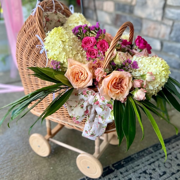 Natural Wicker Baby Carriage, Doll Stroller, Push Toy for Toddler Girls ...