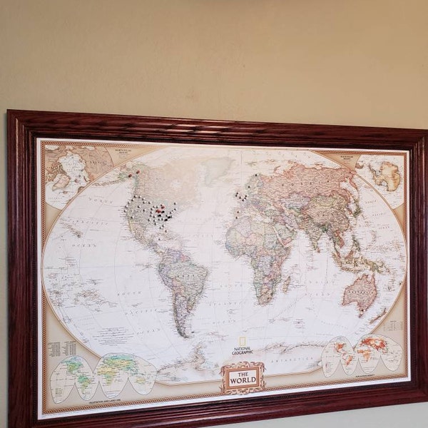 Personalized Executive World Travel Map With Pins and Frame Push Pin ...