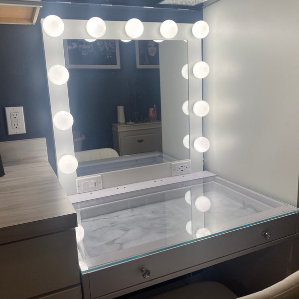 Silver Glitter Vanity Mirror With Lights 32 X 28 Made in the USA - Etsy