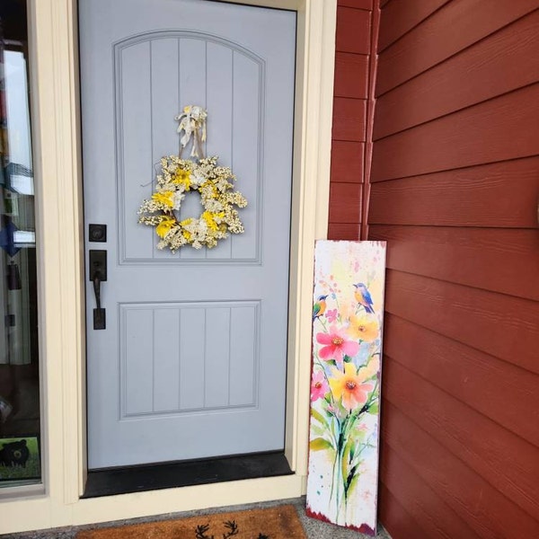 Spring Watercolor Wildflower Porch Sign | Hummingbird Wooden Entryway ...