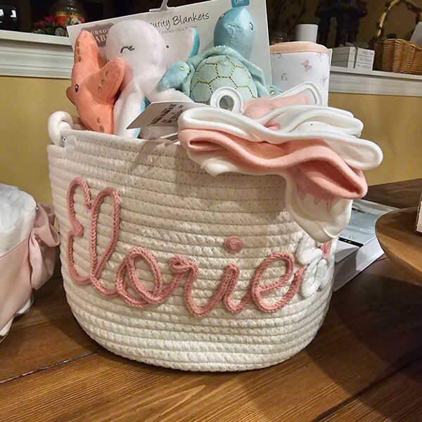 Personalized Baby Shower Gift Basket, Rope Cotton Baby Gift Basket ...