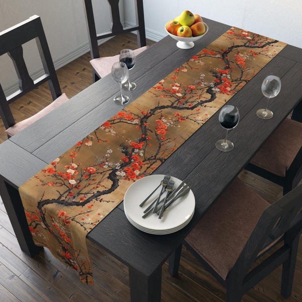 Designer Asian-inspired Table Runner, Golden Theme With Floral Tree ...