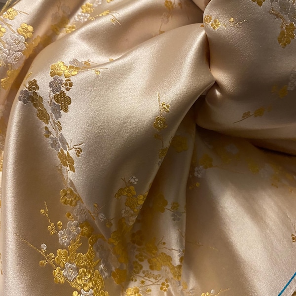 Fabric Silk Brocade Dark Blue and Color Gold Bamboo Floral -by Half ...