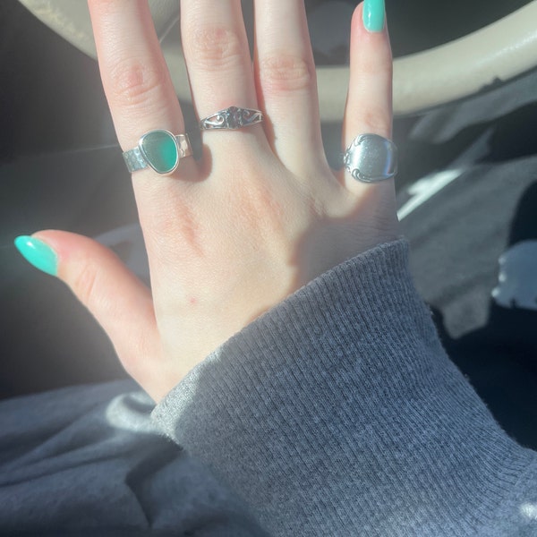 Teal Hammered Sea Glass Ring, Wide Band Sterling Silver Ring, Sea Glass ...