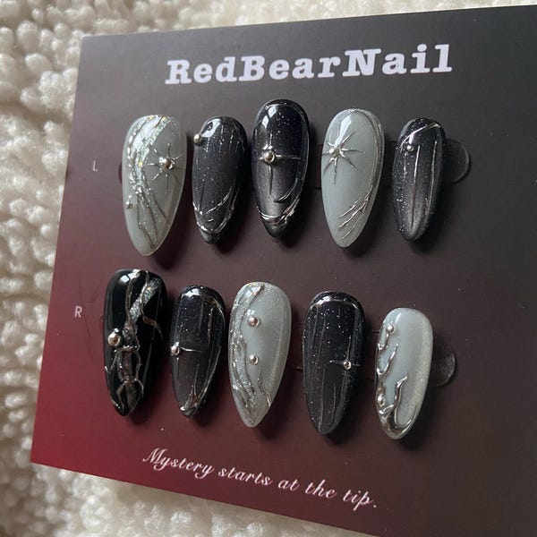 Liquid Metal Nails/silver Star Nails/black Cat Eye Nails/galaxy Gel ...