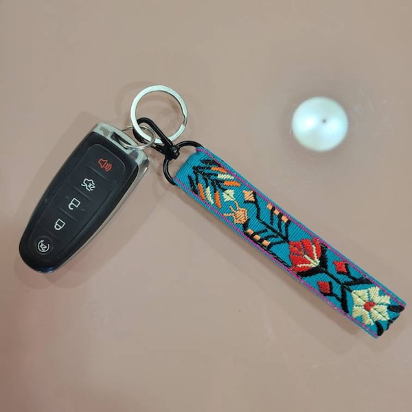 Minimalist Blue Floral Keychain, Fabric Print Key Fob, Boho Wristlet ...