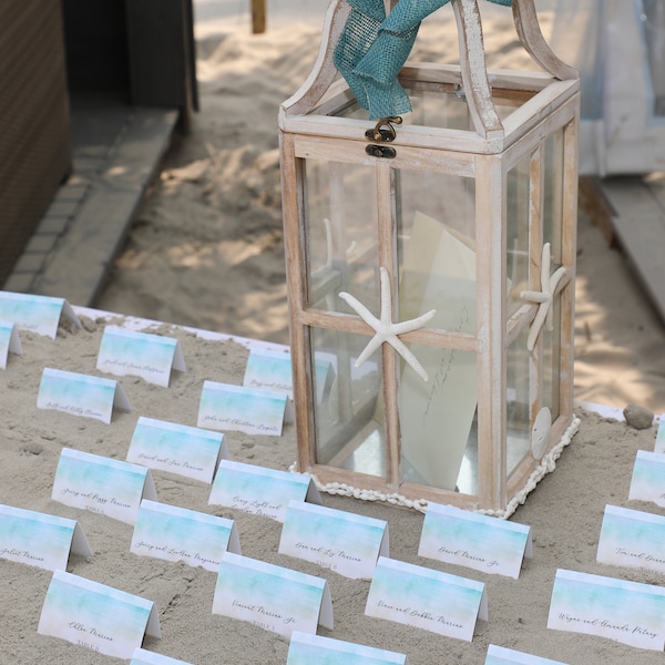 Printed Beach Wedding Place Cards - Watercolor Beach Themed Table Place ...