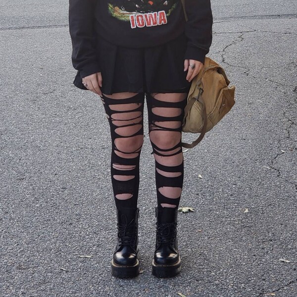 Black Ripped Tights Grunge Tights Distressed Goth Leggings Torn Emo ...