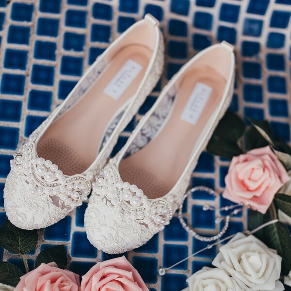 White Crochet Lace Round Toe Flats With SMALL PEARLS APPLIQUE - Women ...