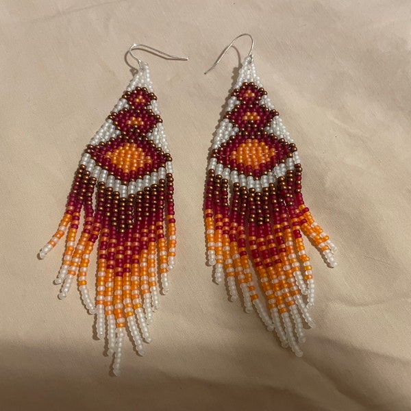 Metis Flag Beaded Earrings: Sterling Silver, Indigenous Feather Fringe ...