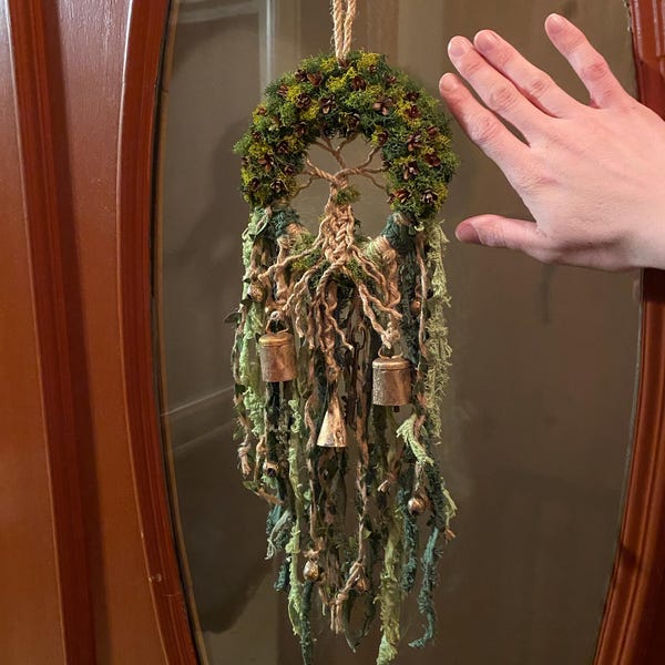 Tree of Life Witch Bells, 5 Inch Mossy Wreath, Home & Door Protection ...