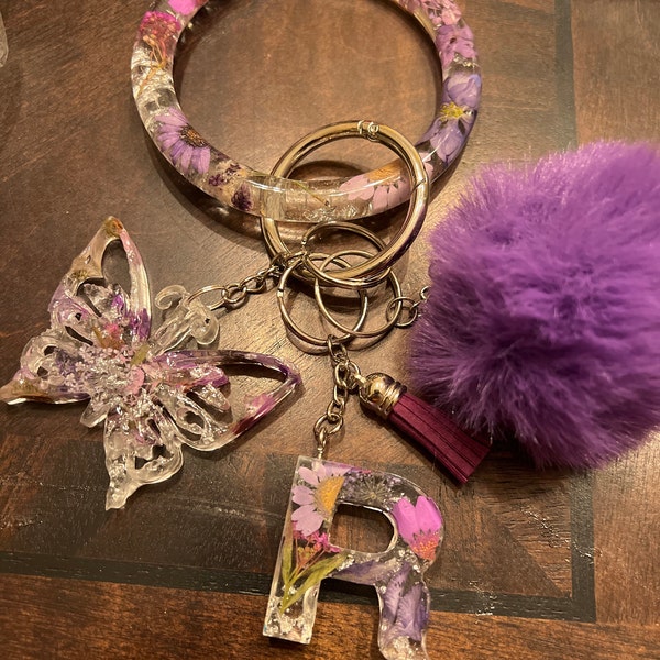 Orange Floral With Butterflies Personalized Resin Initial Keychain ...