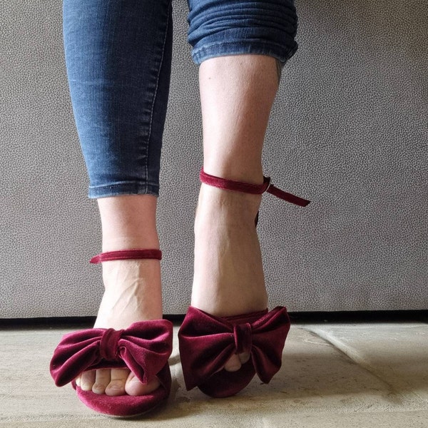 Red Wedding Shoes With Bow, Red Bridal Sandals, Shoes for Bride, Velvet ...