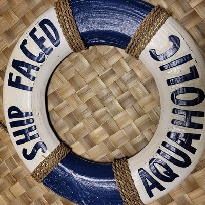 15 Hand Carved Lifesaver Buoy ship FACED Aquaholic Cute Sign White Wash ...