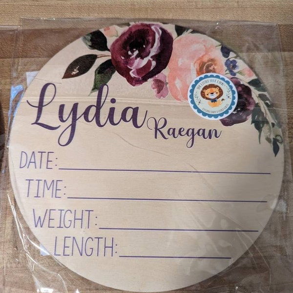 Birth Stat Sign, Round Wood Birth Stat Sign, Purple Peach Floral Birth ...