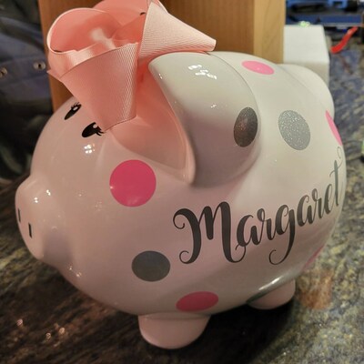 Personalized 9large Piggy Bank Light Pink and Glitter Silver Polka Dot ...
