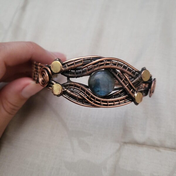 Labradorite Bangle Copper Wire Wrapped Cuff Bracelet Adjustable Bangle Gemstone Cuff Handmade ...