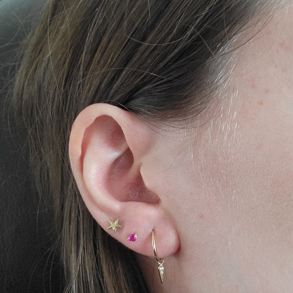 14k Solid Gold Ruby Heart Cartilage Piercing Pink Heart Helix Stud ...