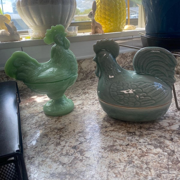 Jadeite Depression Style Glass Rooster Chicken Covered Candy Dish With ...