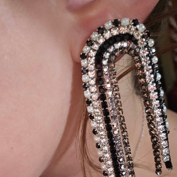 Silver and Black Rhinestone Fringe Statement Earrings - Etsy