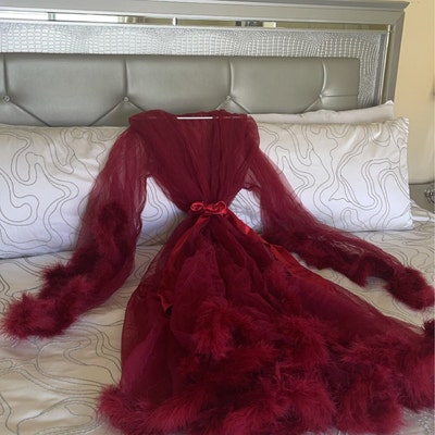 Feather Robe Sheer Robe Black Robe Feather Pajamas Robe With Fur Trim ...