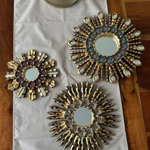 Peruvian Painted Glass Mirror Set 3 for Living Room Wall Art| Sunburst ...
