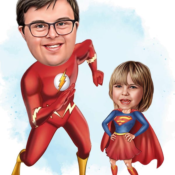 Custom Super Dad and Son Cartoon Portrait, Super Dad Portrait, Dad's ...