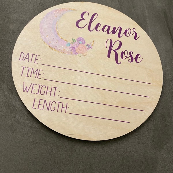 Birth Stat Sign, Round Wood Birth Stat Sign, Luna Birth Stat Sign, Moon ...