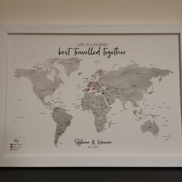 Custom Grayscale Monochrome Push Pin World Map, Small Personalised ...