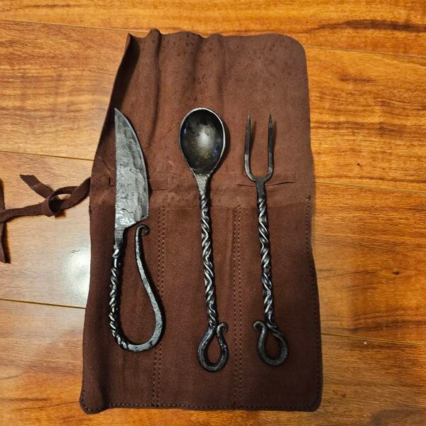 Hand Forged Medieval Cutlery Set With Suede Pouch- Historical Elegance ...