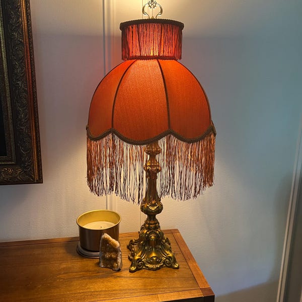 Vintage Copper Lamp Base+fringed Lamp Shade, Velvet Lampshade for Table ...
