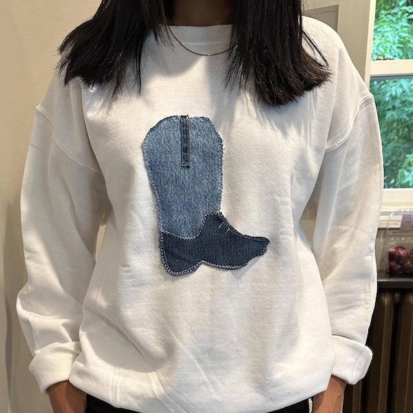 Cowboy Boot Patchwork Crewneck Denim Cowboy Boot Sweater Western ...