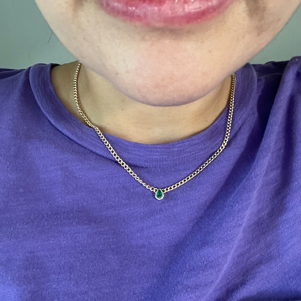 14k Gold Emerald Necklace, Cuban Chain Choker, Trendy Curb Link Design ...