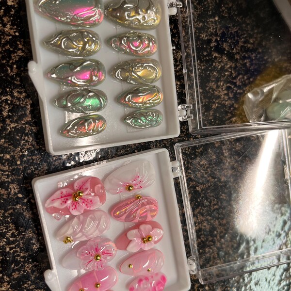 3D Flower Freestyle Medium Almond Press on Nails, Ombre Nail | Red ...