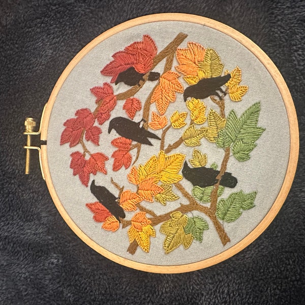 Autumn Birds Embroidery Hoop Kit, Crow Embroidery Pattern, Fall ...