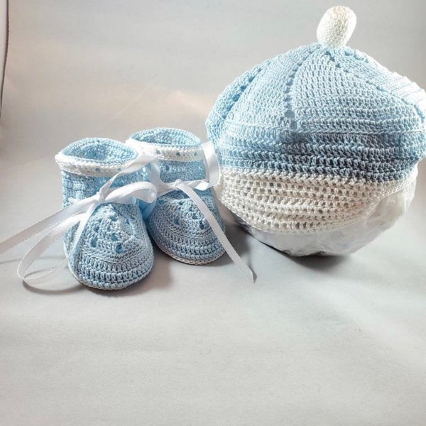 Classic Bonnet Booties & Bib Set Baby Girl 0-3 Months Cotton Thread ...