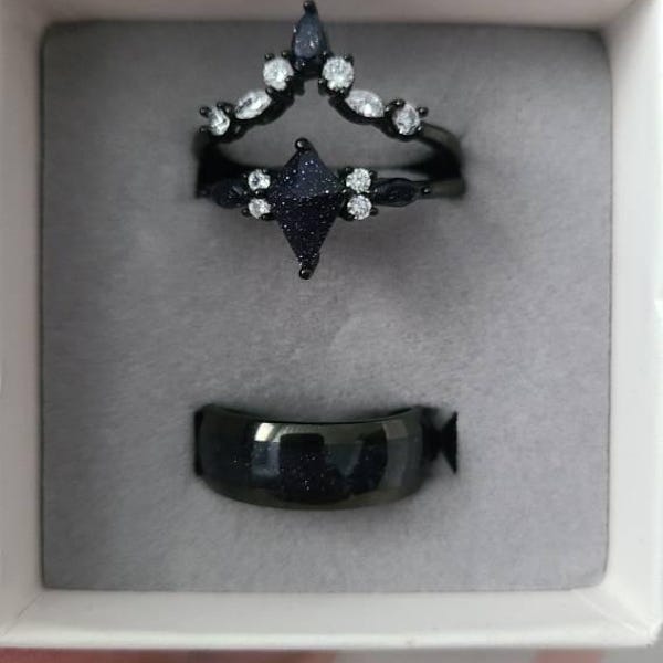 Orion Nebula Ring Set,2 Pcs Hexagon Cut Blue Sandstone Ring,black ...