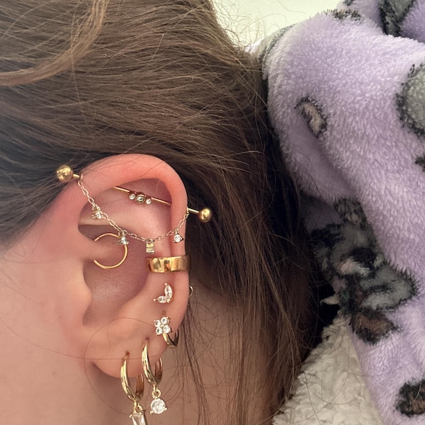 Dainty Industrial Barbell and CZ Chain for Piercing, Gold Sterling ...