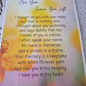 One Year Death Anniversary Grief Keepsake Card, One Year Since You Left ...