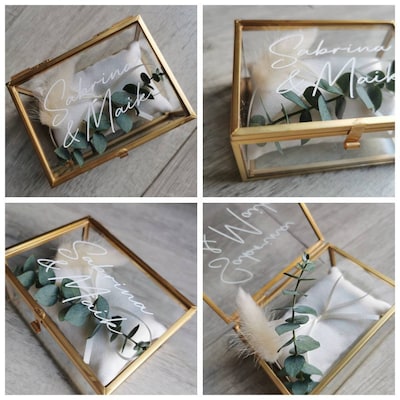 Ring Box Gold With Beige Pillow Glass Ring Box Square Personalized for ...