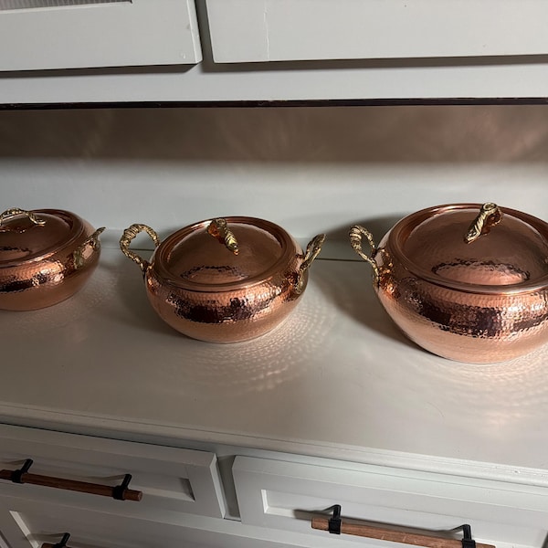 Handmade Copper Cookware Set, 3-piece Tin Lined Pots, Brass Handles ...