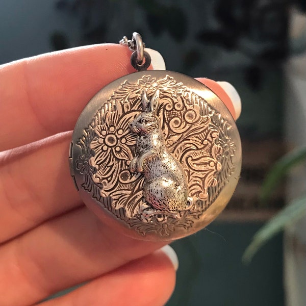 Silver Rabbit Locket Floral Bunny Antique Silver Locket Hare Keepsake ...