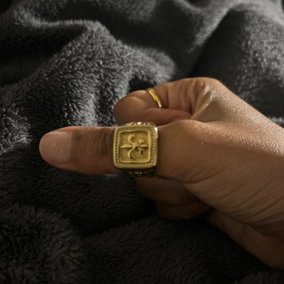 Gold Signet Pinky Ring, Gold Square Chunky Pinky Ring, Fleur De Lis ...